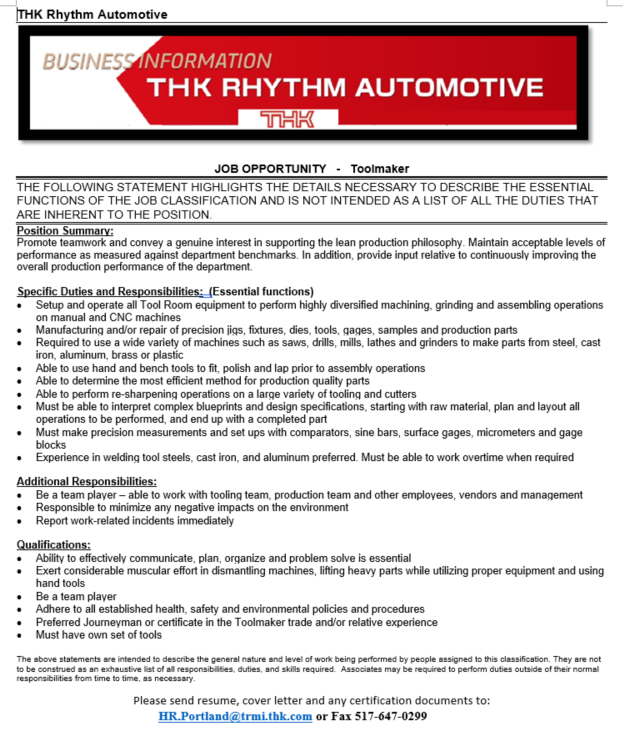 Jobs at THK | THK RHYTHM AUTOMOTIVE